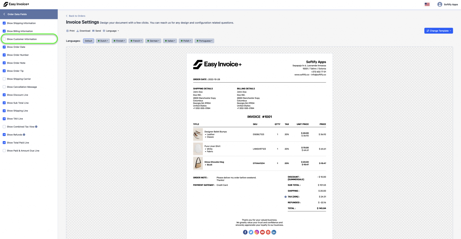 How to remove customer information from my invoices? – Softify Apps