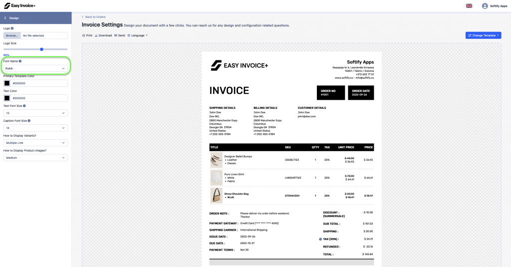 How to change the font face of my invoices? – Softify Apps